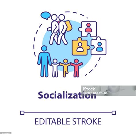 사회화 개념 아이콘입니다 학교 그룹의 다양성 포괄적 인 교육 사회적 적응 통신 아이디어 씬 라인 일러스트 벡터 절연 윤곽선