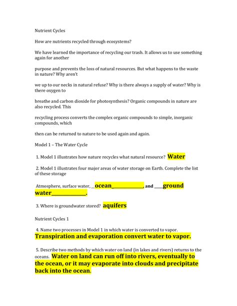 Nutrient Cycles Water Cycle Answers