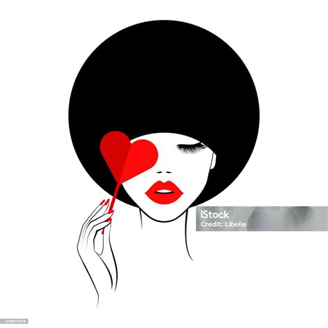 아름다운 여성의 얼굴은 그녀의 손에 종이 마음을 유지하고 눈을 닫고 빨간 입술 무성한 속눈썹 빨간 손톱 매니큐어 예술 라운드 헤어 스타일입니다 뷰티 로고입니다 벡터 일러스트