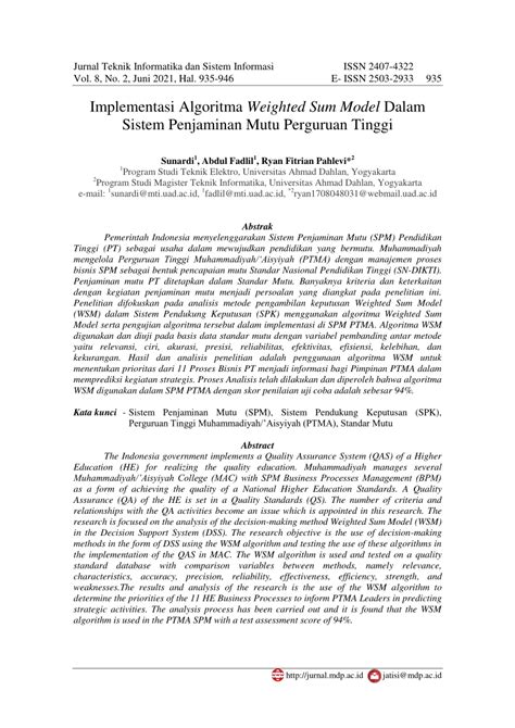 Pdf Implementasi Algoritma Weighted Sum Model Dalam Sistem Penjaminan