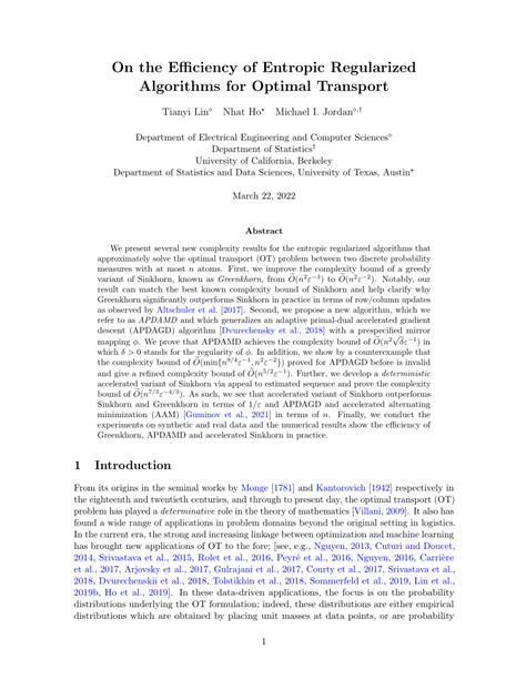 Pdf On The Efficiency Of Entropic Regularized Algorithms For Optimal Transport