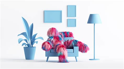 3d 렌더링 편안한 모피 만화 캐릭터 몬스터는 거실 내부의 안락 의자에 앉아있다 인형집 내부 의 털이 짐승 3차원 형태에 대한 스톡 사진 및 기타 이미지 Istock