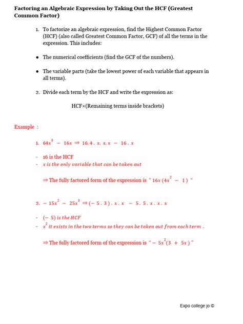 Factoring An Algebraic Expression By Taking Out The Hcf Greatest Common Factor Pdf