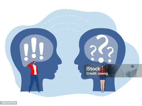 남자와 여자 물음표와 느낌표 인간의 머리 의심과 확실성 질문 및 답변 문제 해결 솔루션 또는 지원 아이디어 개념 벡터 일러스트 레이터 개념에 대한 스톡 벡터 아트 및 기타