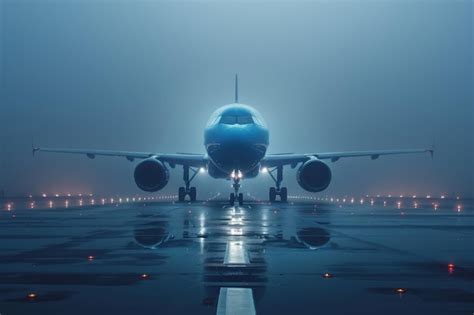 Airplane On A Wet Runway With Landing Gear Down And Lights Illuminating
