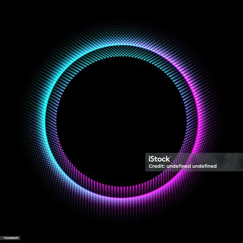 검은 배경에 도트 빛 효과와 네온 서클 광고 배너 카드에 대 한 텍스트에 대 한 빈 공간을 가진 현대 라운드 프레임 벡터 일러스트입니다 가벼운에 대한 스톡 벡터 아트 및