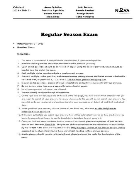 Calculus I Exam 2023 2024 S1