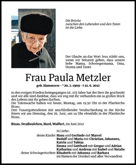 Todesanzeigen Von Paula Metzler Todesanzeigen Vorarlberger Nachrichten