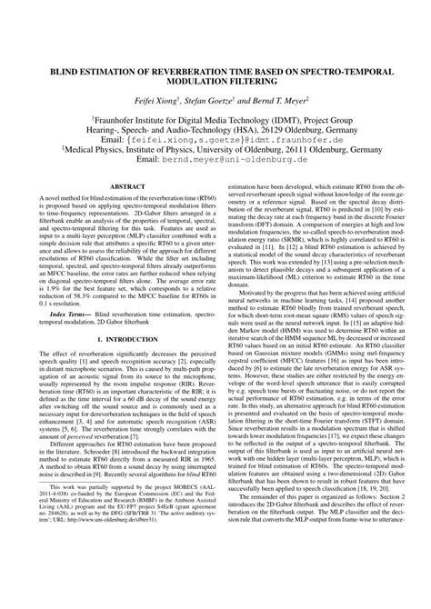 Pdf Blind Estimation Of Reverberation Time Based On Spectro Temporal Modulation Filtering