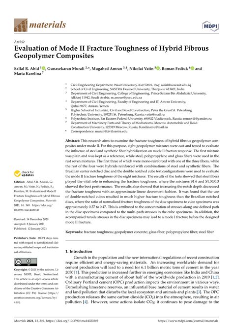 Pdf Evaluation Of Mode Ii Fracture Toughness Of Hybrid Fibrous Geopolymer Composites