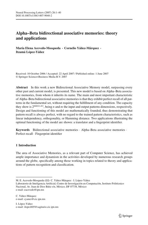 Pdf Alpha Beta Bidirectional Associative Memories Theory And Applications