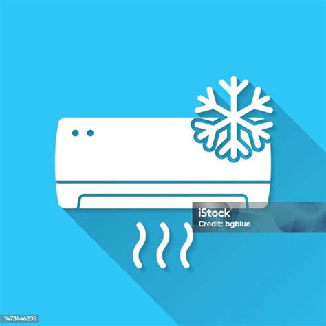 눈송이가있는 에어컨 파란색 배경에 아이콘 긴 그림자가 있는 평면 디자인 3차원 형태에 대한 스톡 벡터 아트 및 기타 이미지