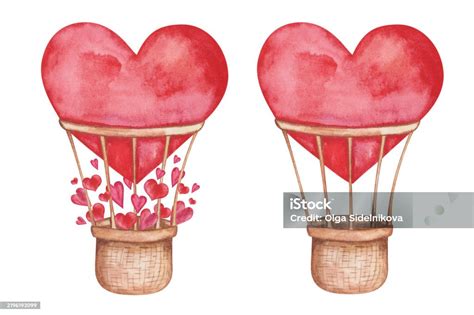수채화 그림입니다 갈색 짠 바구니와 함께 심장 모양의 손으로 그린 빨간 열기구 공중 운송 고립된 클립 아트입니다 발렌타인 데이를 위한 사랑 카드 2월에 대한 스톡 벡터 아트