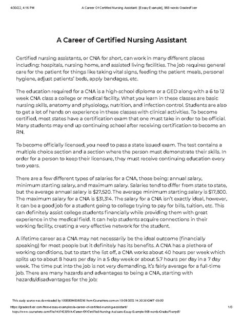 A Career Of Certified Nursing Assistant Essay Example 968 Words Grades Fixer 43022 416 Pm
