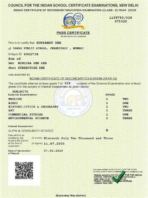 Sd Xth Std Cisce Passing Certificate 2019 Pdf