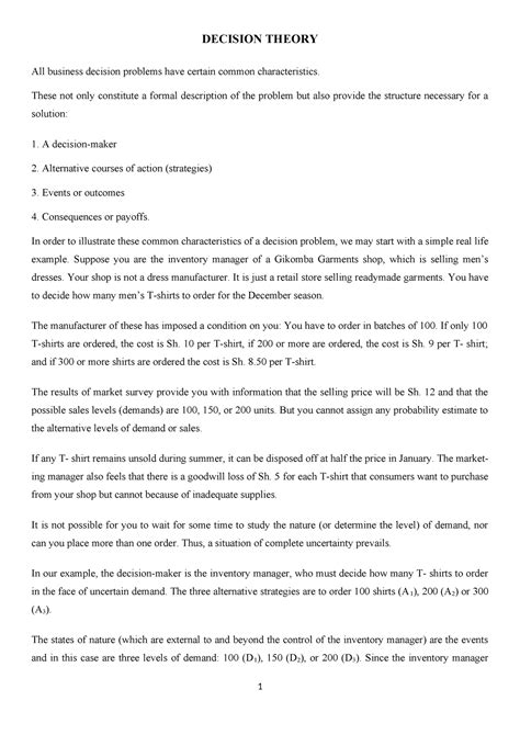 Decision Theory Lecture Notes Decision Theory All Business Decision