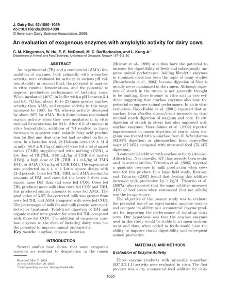 Pdf An Evaluation Of Exogenous Enzymes With Amylolytic Activity For Dairy Cows