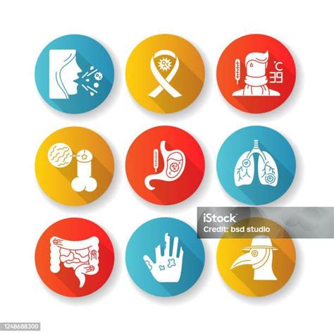 전염성 질환 플랫 디자인 긴 그림자 글리프 아이콘 세트 다양한 세균 감염 및 전염병 의학적 진단 다양한 세균병원균 실루엣 Rgb 칼라 일러스트 독감바이러스에 대한 스톡 벡터
