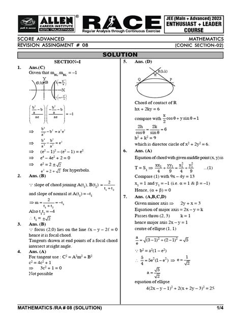 Conic 2 Revision Assignment Sol Pdf Ellipse Classical Geometry
