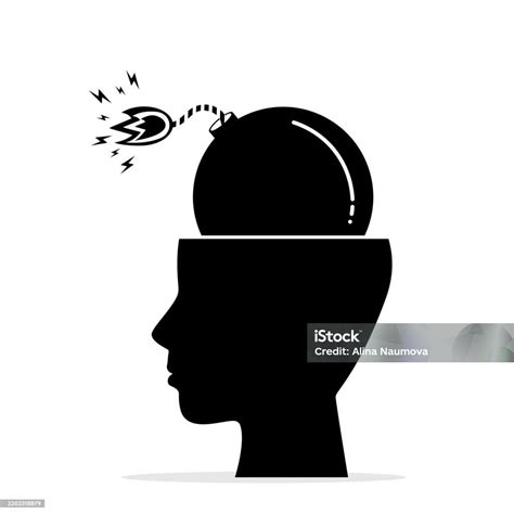 폭탄과 발사 도화선이 있는 인간 머리의 검은 실루엣 정서적 압박감 뇌가 폭발하기 직전의 신경질 불안 스트레스 또는 분노 감정 정신 문제 또는 우울증 감정에 대한 스톡 벡터