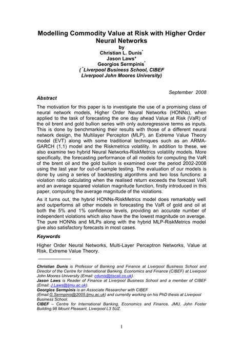 Pdf Modelling Commodity Value At Risk With Higher Order Neural Networks