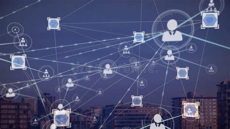 Animation Of Icons Connected With Lines Over Modern City Against Clear