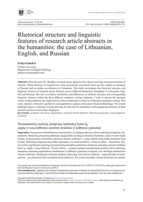 Pdf Rhetorical Structure And Linguistic Features Of Research Article Abstracts In The