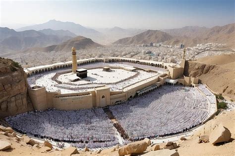 아라파트 Arafat 의 제발 라흐마 Jabal Rahmah 산에서 기도하는 무슬림 순례자 아랍어와 영어로 된 Hajj Mabrur 타이포그래피 알라 Allah