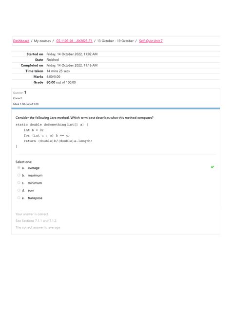Cs1102 Self Quiz Unit 7 Attempt 1 Review 80 Started On Friday 14 October 2022 1102 Am