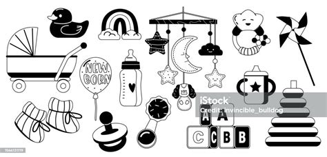 아기가 감각을 자극할 수 있는 장난감과 아이템의 흑백 세트 장난감 딸랑이 젖니가 나는 반지 포함 0명에 대한 스톡 벡터 아트 및 기타 이미지 Istock