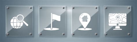 위치가 있는 모니터 및 접힌 지도 집이 있는 지도 포인터 지구본이 있는 플래그 및 돋보기를 설정합니다 정사각형 유리 패널 벡터 개념에 대한 스톡 벡터 아트 및 기타 이미지