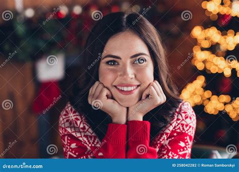 Portrait Of Pretty Positive Lady Toothy Smile Arms Touch Cheeks