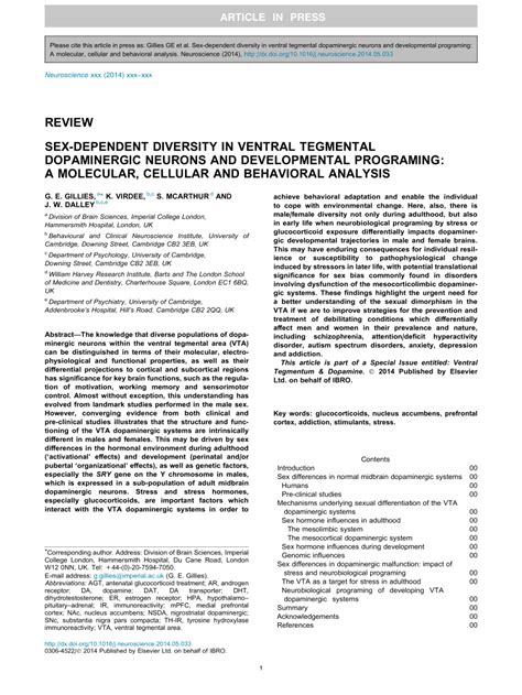 Pdf Sex Dependent Diversity In Ventral Tegmental Dopaminergic Neurons And Developmental
