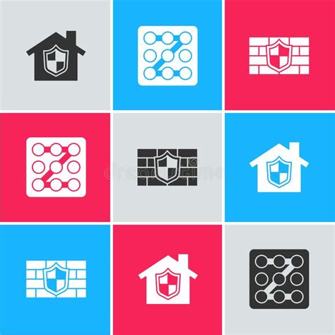 Set House Under Protection Graphic Password And Shield With Brick Wall Icon Vector Stock