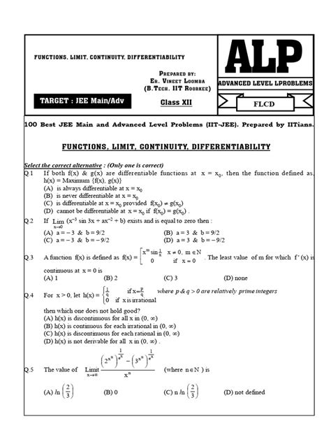 Functions Limit Continuity Differentiability Advanced Level Problems