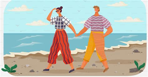 캐릭터는 바다 은행 근처에서 쉬고 있습니다 해변에서 함께 시간을 보내는 데이트 상대 관계에 있는 젊은 부부는 포옹하고 바다를 응시한다 남자와 여자는 여름에 해안선에서