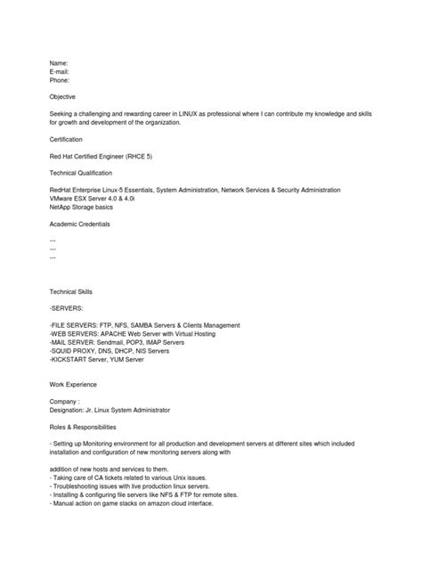 Linux Fresher Resume Linux System Administrator