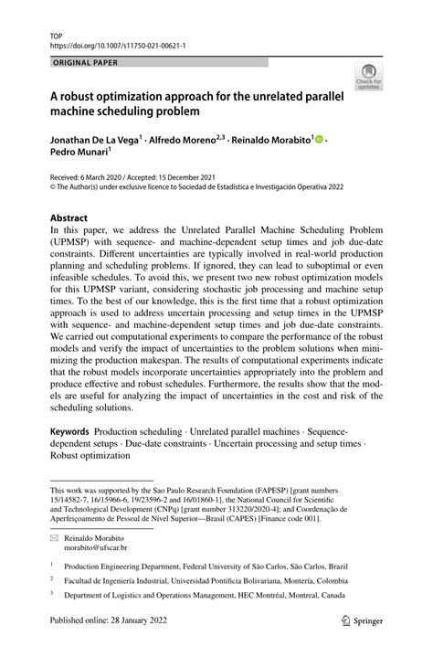 Pdf A Robust Optimization Approach For The Unrelated Parallel Machine