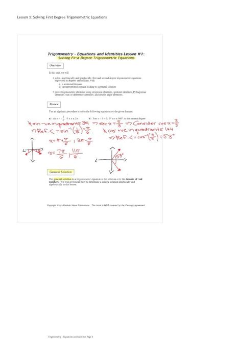 Pdf Lesson 1 Solving First Degree Trigonometric … Equations And Identities Lesson 1