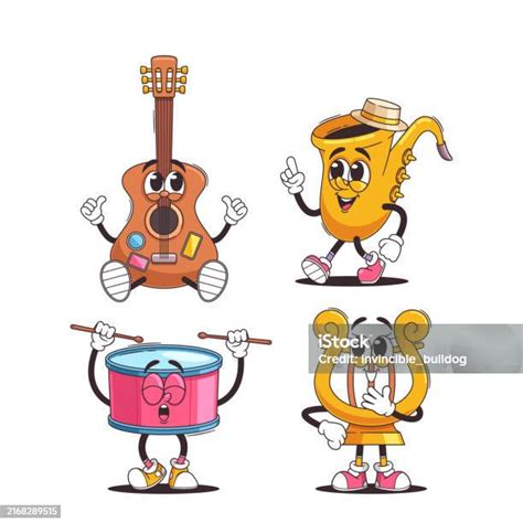 쾌활한 악기 복고풍 스타일의 표현력 있는 얼굴을 가진 만화 캐릭터 벡터 일러스트 레이 션 1960 1969 년에 대한 스톡 벡터 아트 및 기타 이미지 1960 1969