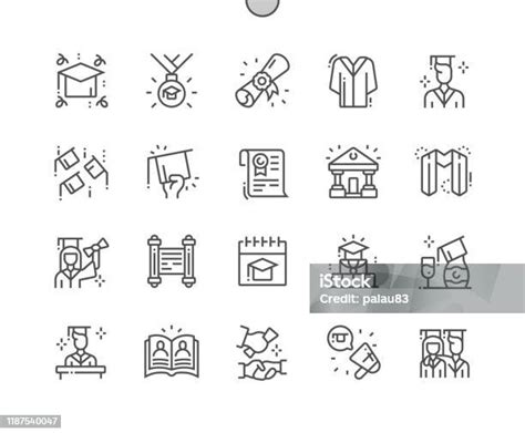 졸업 일 잘 만들어진 픽셀 완벽 한 벡터 얇은 라인 아이콘 30 2 X 웹 그래픽 및 애플 리 케이 션에 대 한 그리드 간단한 최소한의 그림 아이콘에 대한 스톡 벡터 아트