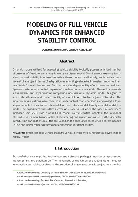 Pdf Modeling Of Full Vehicle Dynamics For Enhanced Stability Control