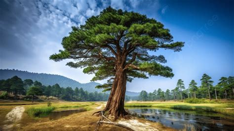 소나무는 강둑 근처에 서있다 큰 소나무 고화질 사진 사진 구름 배경 일러스트 및 사진 무료 다운로드 Pngtree