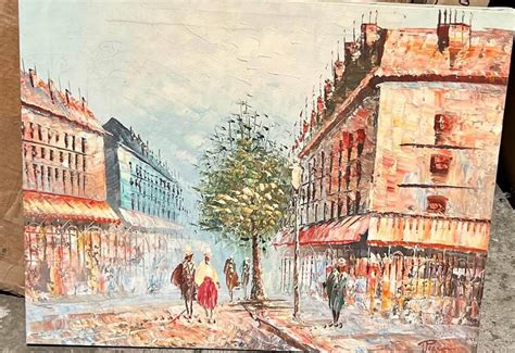 Vintage European Street Scene Oil Painting Impressionist Cityscape On