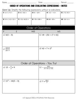PEMDAS And Evaluating Expressions Guided Notes Algebra TpT