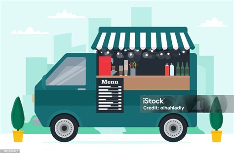 거리 배경에 귀여운 현대 인테리어와 작은 푸드 트럭 길거리 음식 개념 커피 갈 것 테이크 아웃 음식 플랫 스타일의 벡터 일러스트레이션 여름에 대한 스톡 벡터 아트 및 기타
