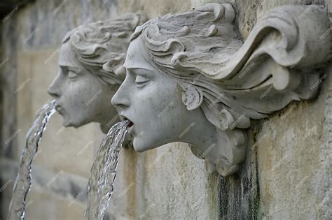 Water Spouting From The Mouth Of A Stone Sculpture Premium Ai