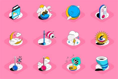 날씨 3d 아이소메트릭 아이콘 세트 공기 습도 온도 바람 태양 달 흐린 팩 요소 프리미엄 벡터