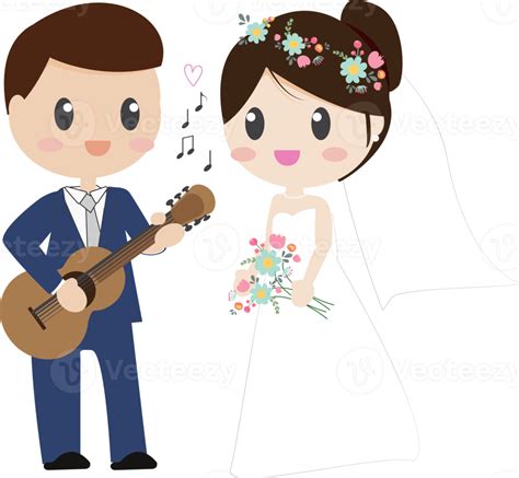 Cute Cartoon Beautiful Bride And Groom Couples Playing Guitar 12374992 Png