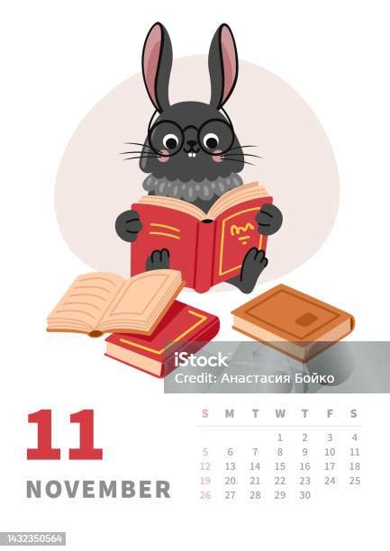 11 월 2023 귀여운 토끼와 벽 달력 페이지 중국 새해 상징 가을 시즌 토끼 독서 책 A4 템플릿 인쇄 포스터 벡터 일러스트 레이 션 도서관에 대한 스톡 벡터 아트 및
